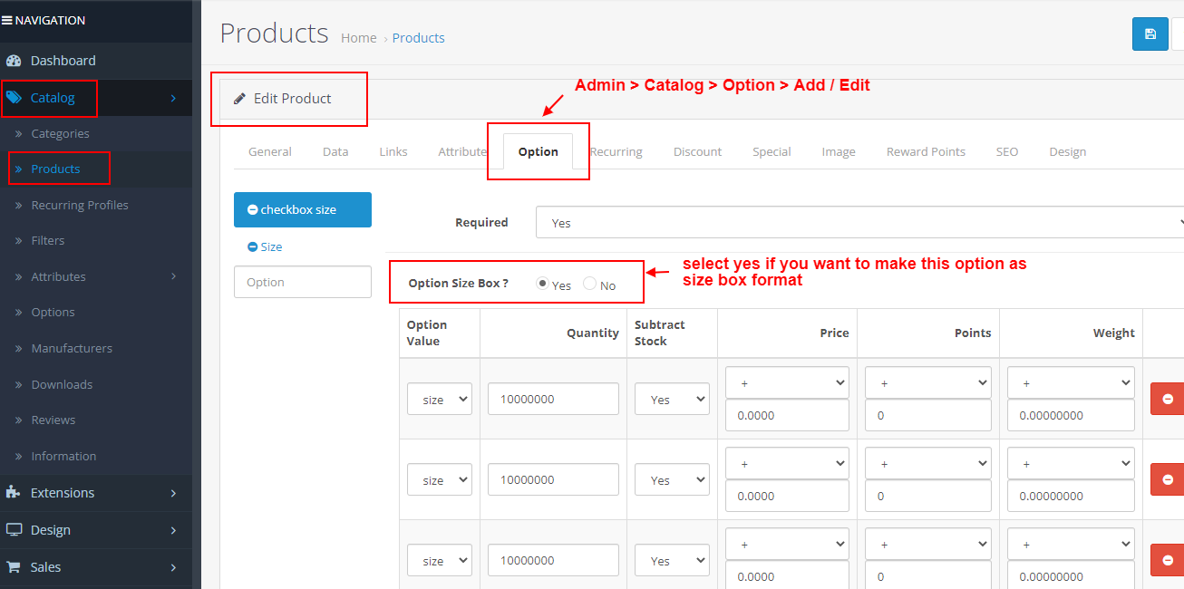 OpenCart - Product Option Size Box