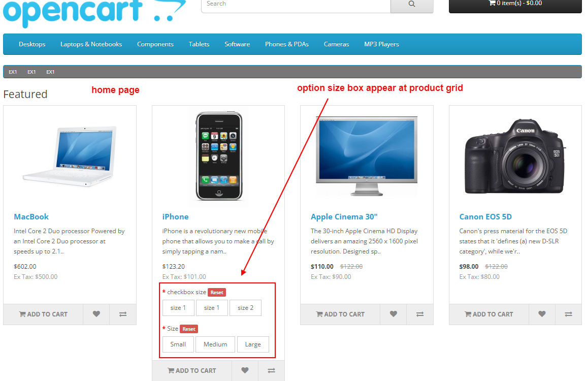 OpenCart - Product Option Size Box