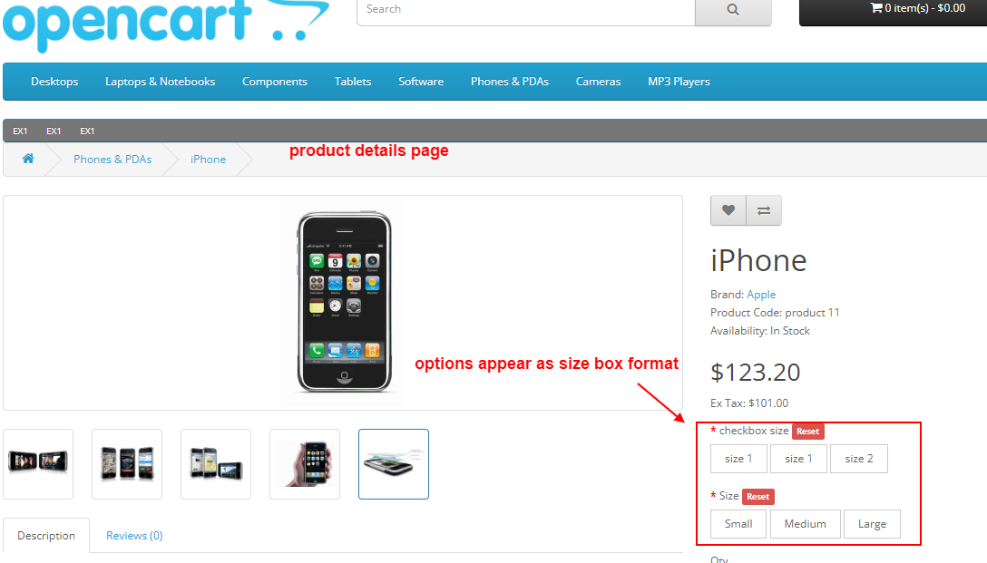 OpenCart - Product Option Size Box