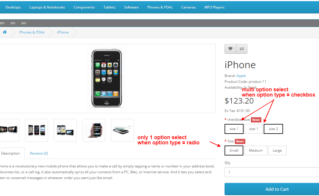 OpenCart - Product Option Size Box