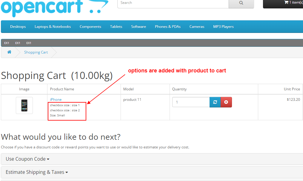 OpenCart - Product Option Size Box
