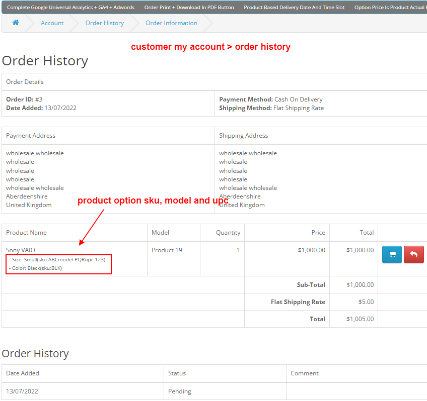 OpenCart - Product Option SKU MODEL UPC