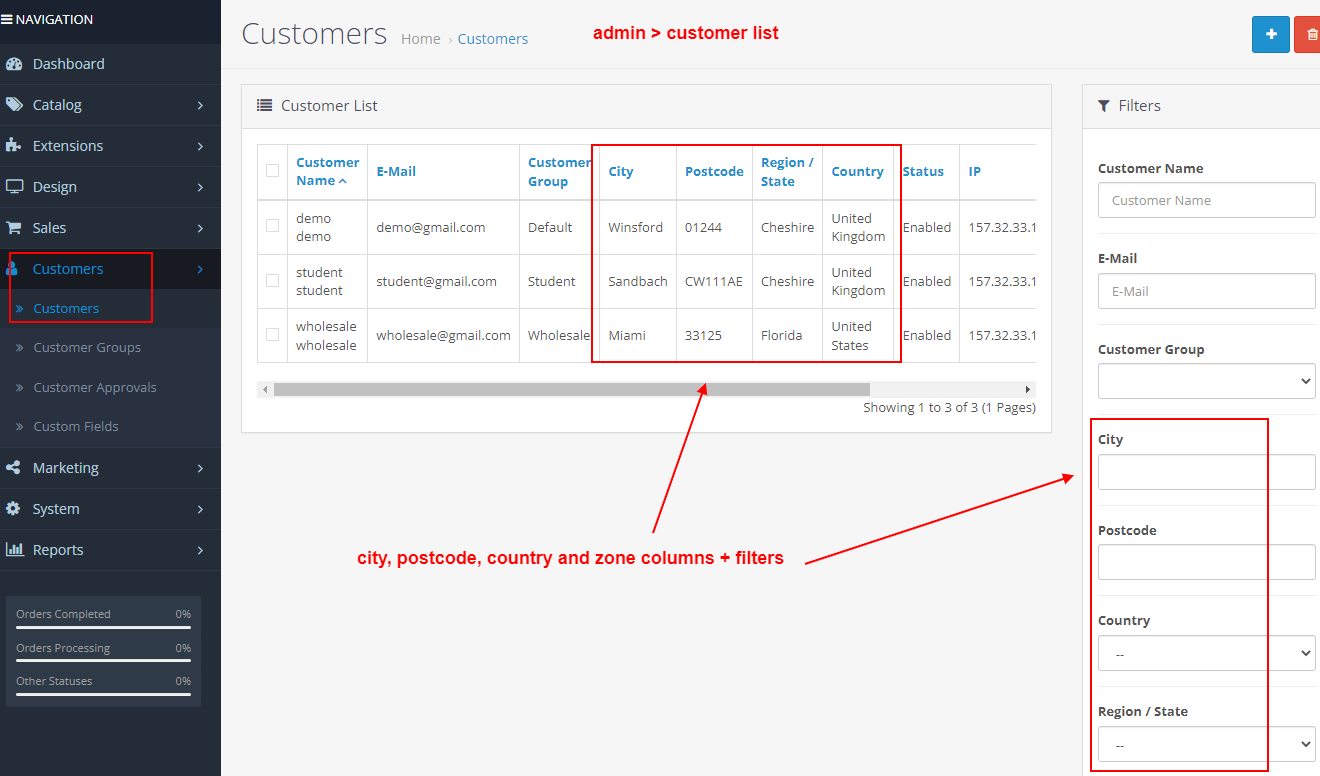OpenCart - City Postcode State County Column+Filter At Admin Customer List