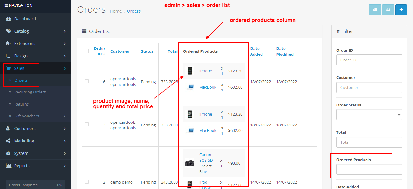 OpenCart - Ordered Product Column+Filter At Admin Order List