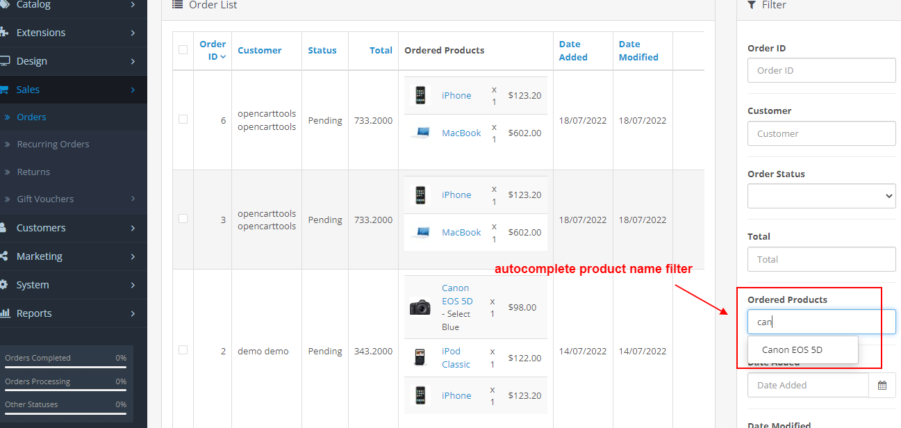 OpenCart - Ordered Product Column+Filter At Admin Order List