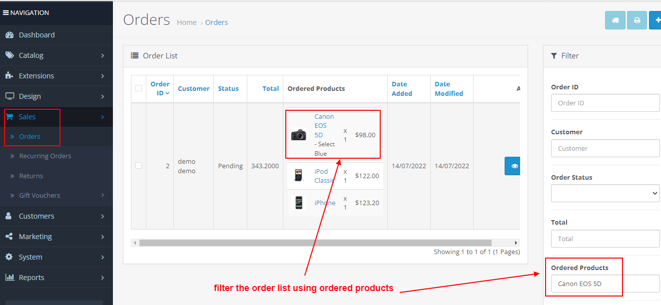OpenCart - Ordered Product Column+Filter At Admin Order List