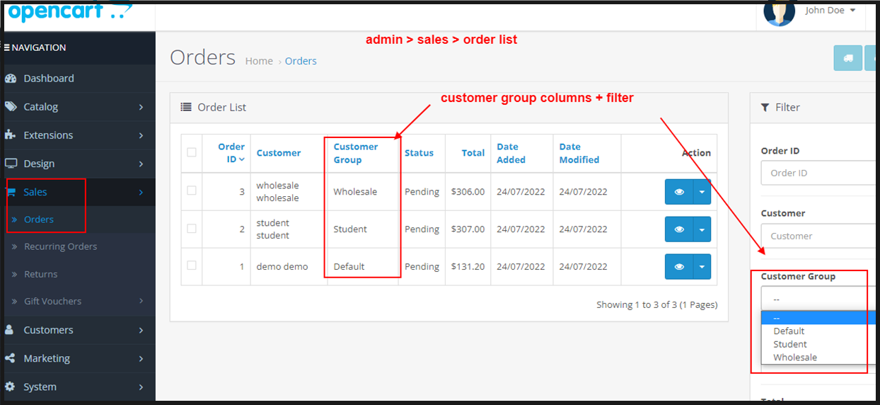 OpenCart - Customer Group Column + Filter At Admin Order List