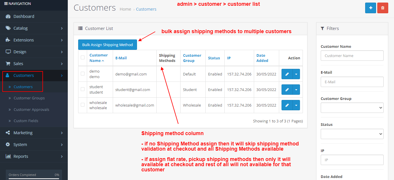 OpenCart - Shipping Method By Customer