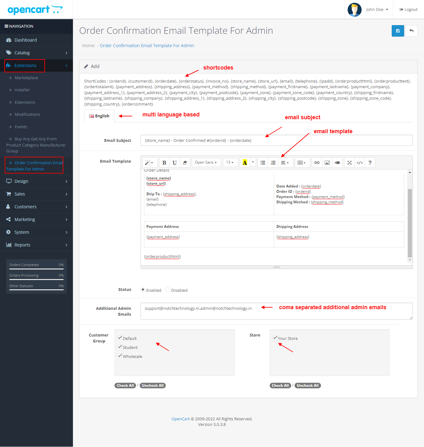 OpenCart - Order Confirmation Email Template For Admin