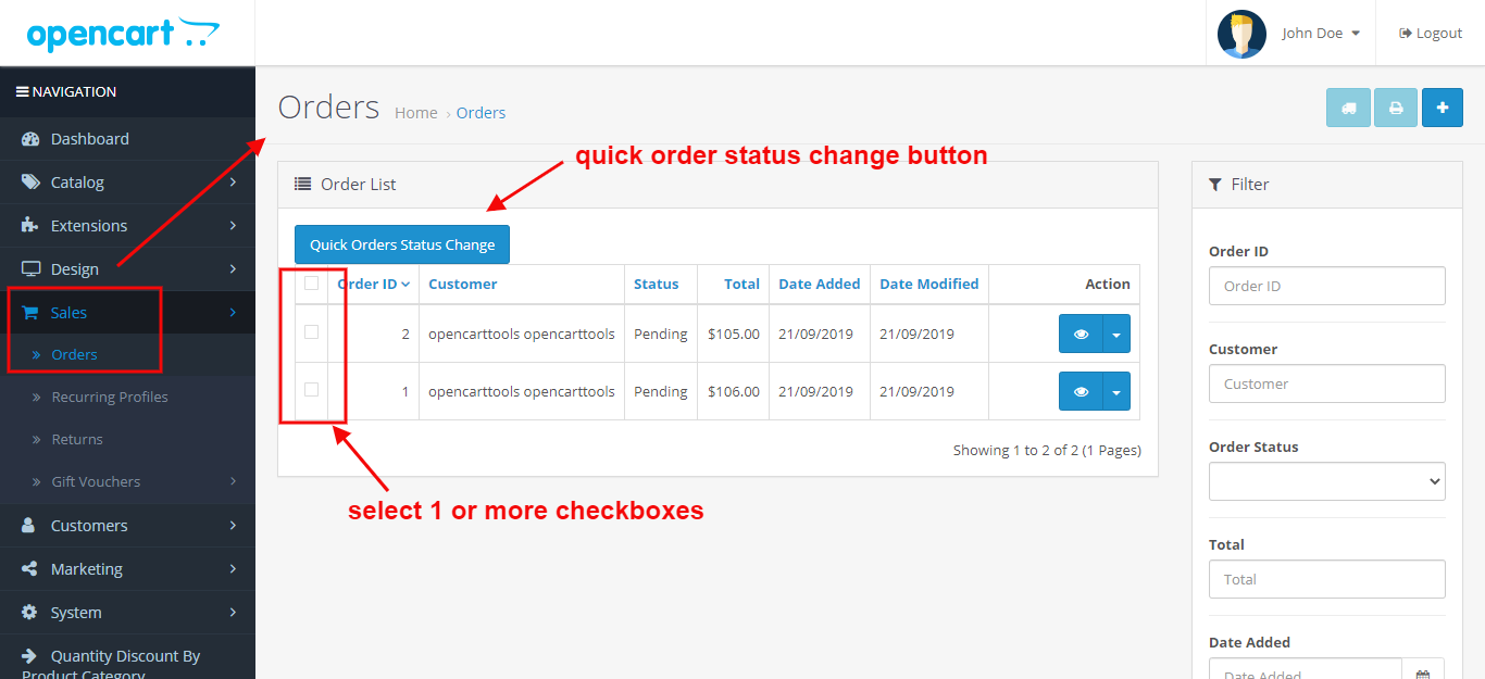 OpenCart - Admin Quick Orders Status Change