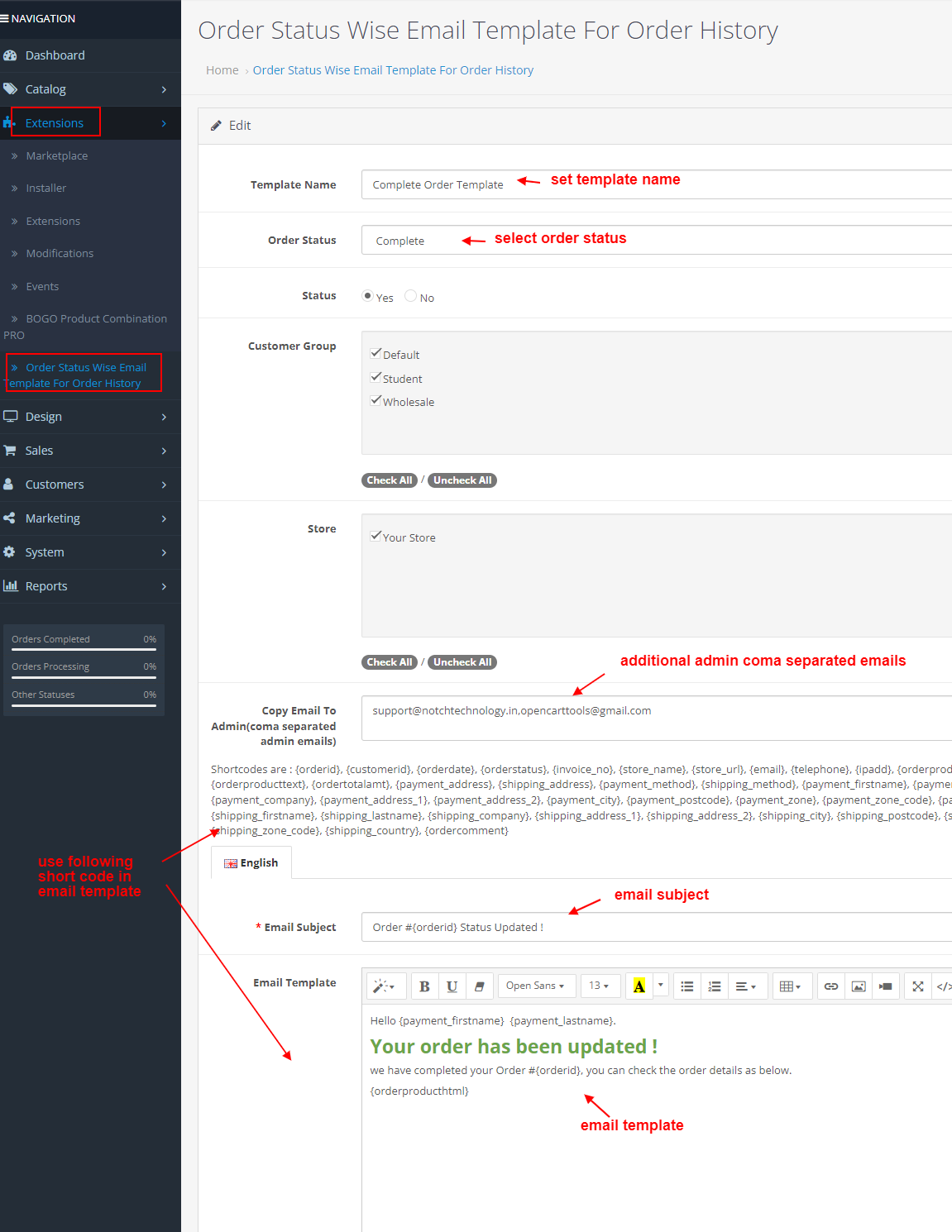 OpenCart - Order Status Wise Email Template For Order History