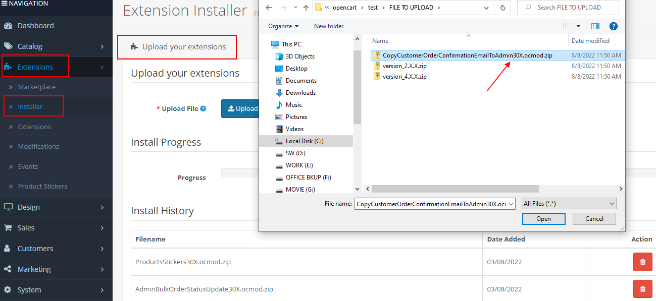 OpenCart - Copy Customer Order Confirmation Email To Admin