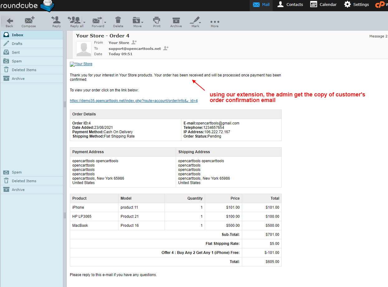 OpenCart - Copy Customer Order Confirmation Email To Admin