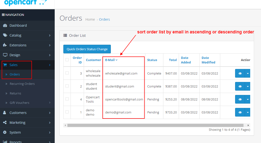 OpenCart - Email Column + Filter At Admin Order List
