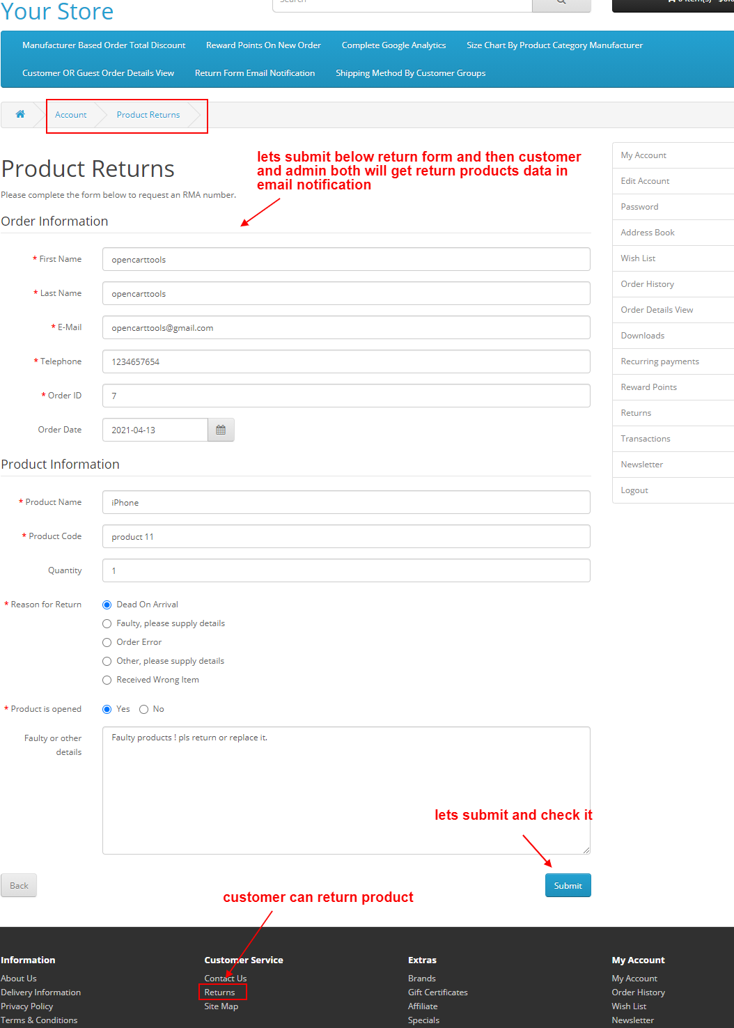 OpenCart - Return Form Email Notification