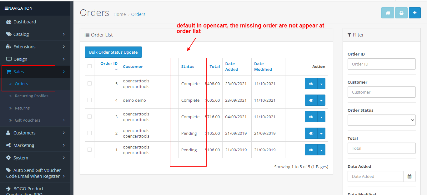 OpenCart - Show Missing Orders