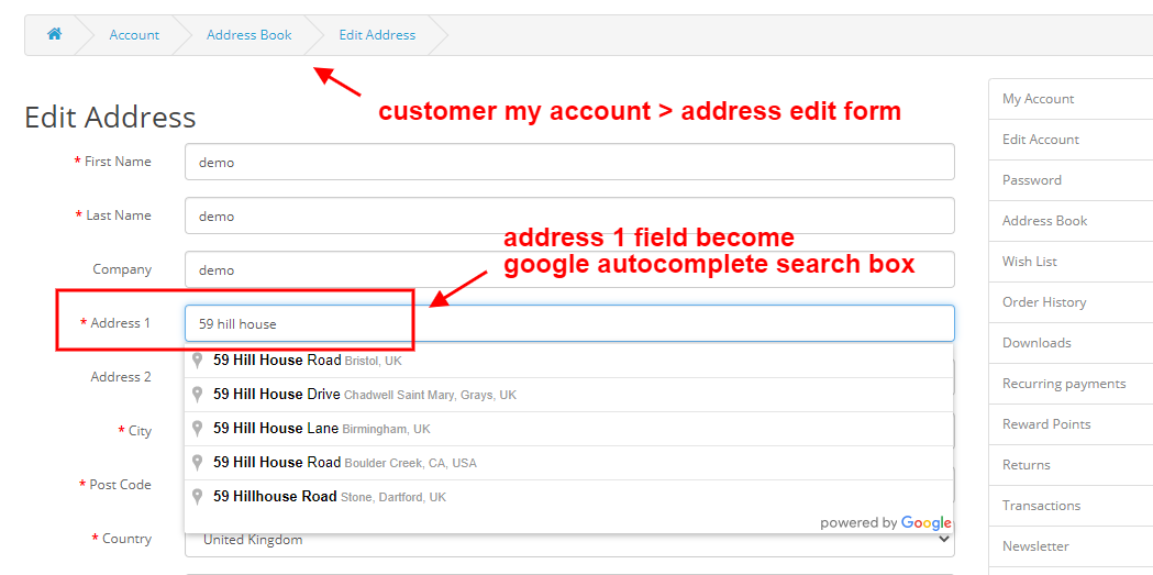 OpenCart - Google Address Autocomplete