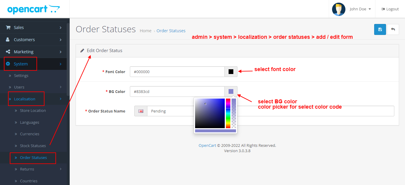 OpenCart - Admin Order Status Color