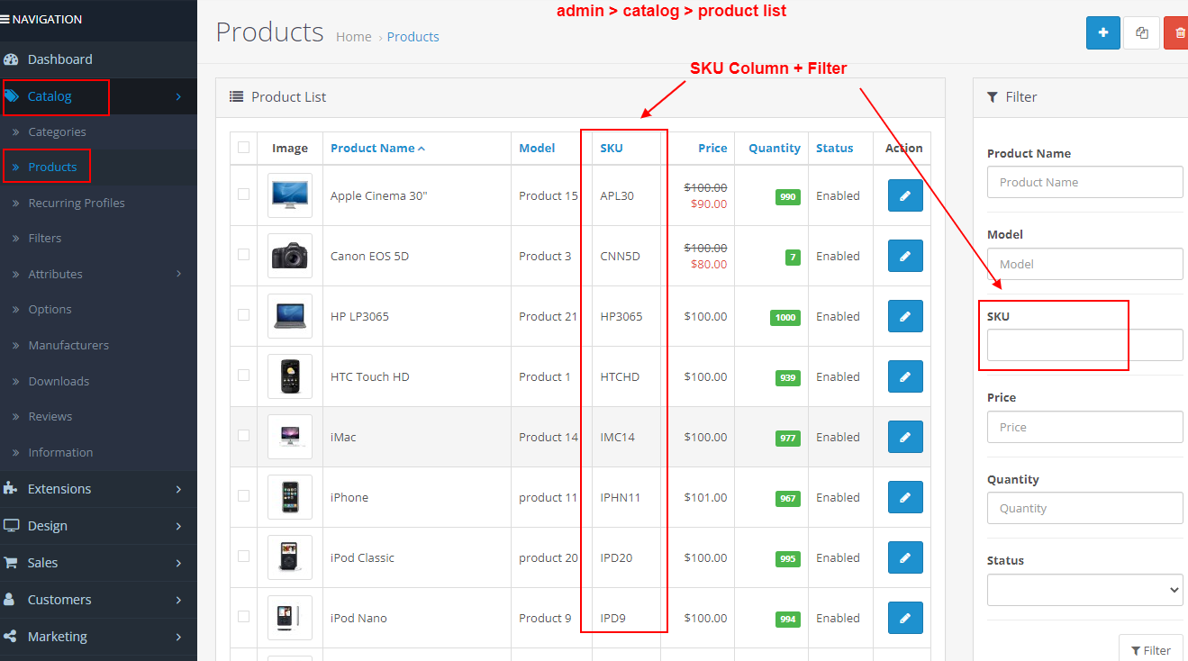 OpenCart - SKU Column + Filter At Admin Product List