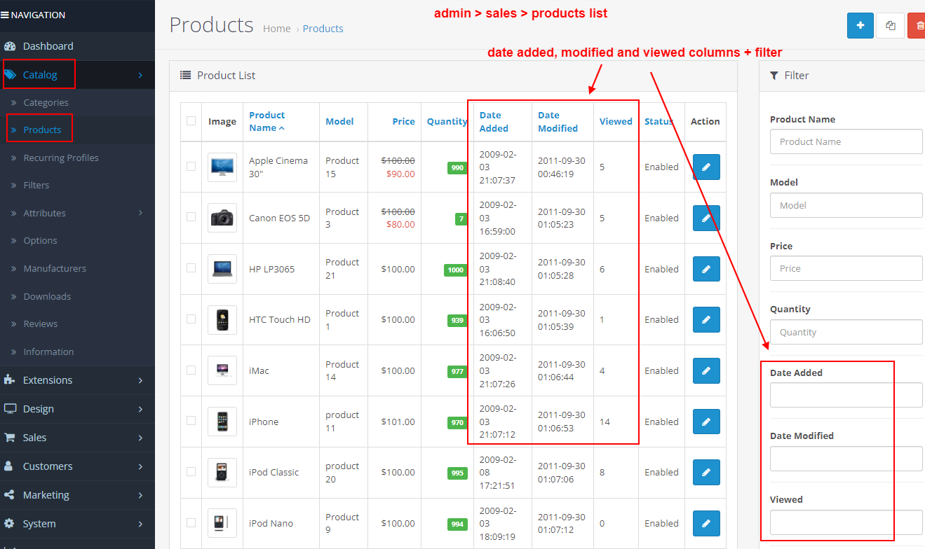 OpenCart - Date Added Modified Viewed Column+Filter At Admin Products List