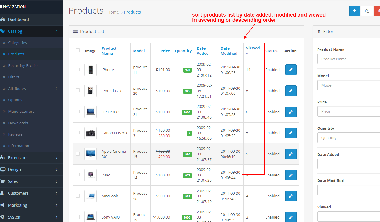 OpenCart - Date Added Modified Viewed Column+Filter At Admin Products List