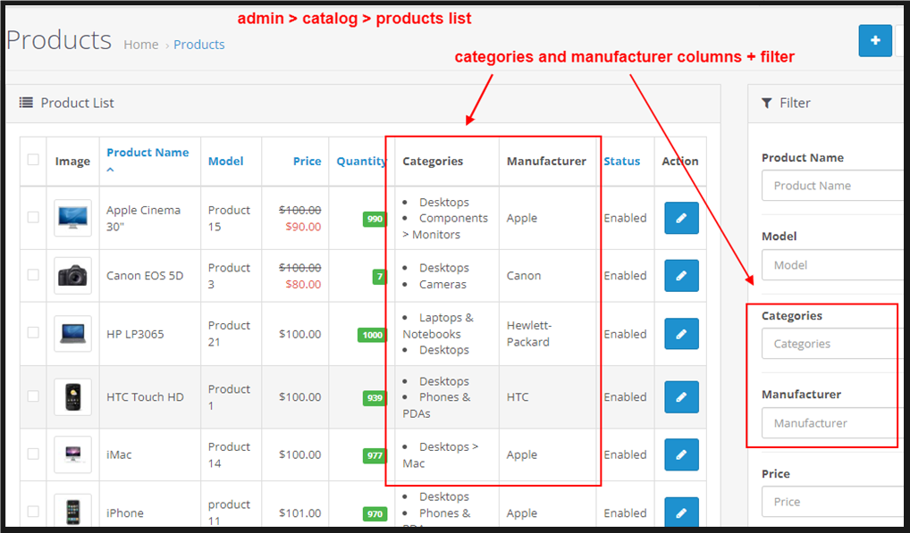 OpenCart - Category + Manufacturer Column+Filter At Admin Products List