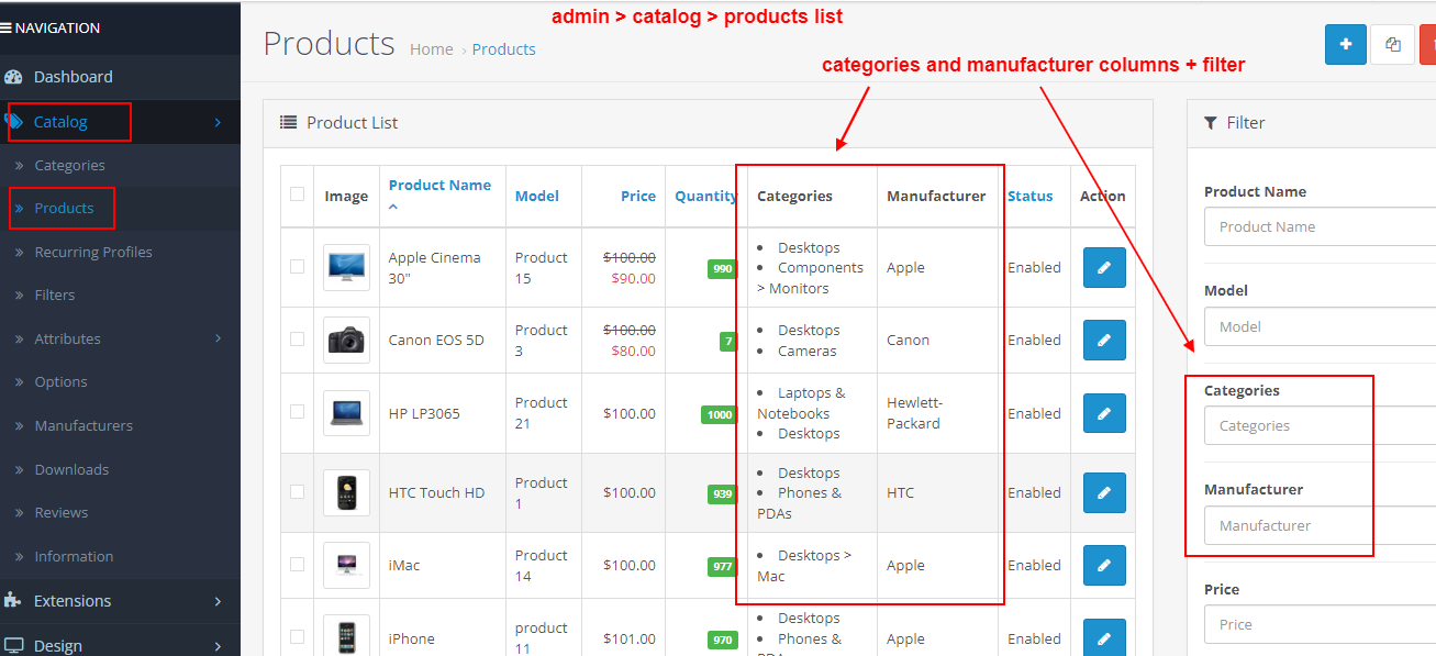 OpenCart - Category + Manufacturer Column+Filter At Admin Products List