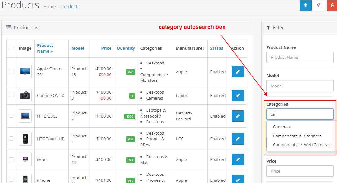 OpenCart - Category + Manufacturer Column+Filter At Admin Products List