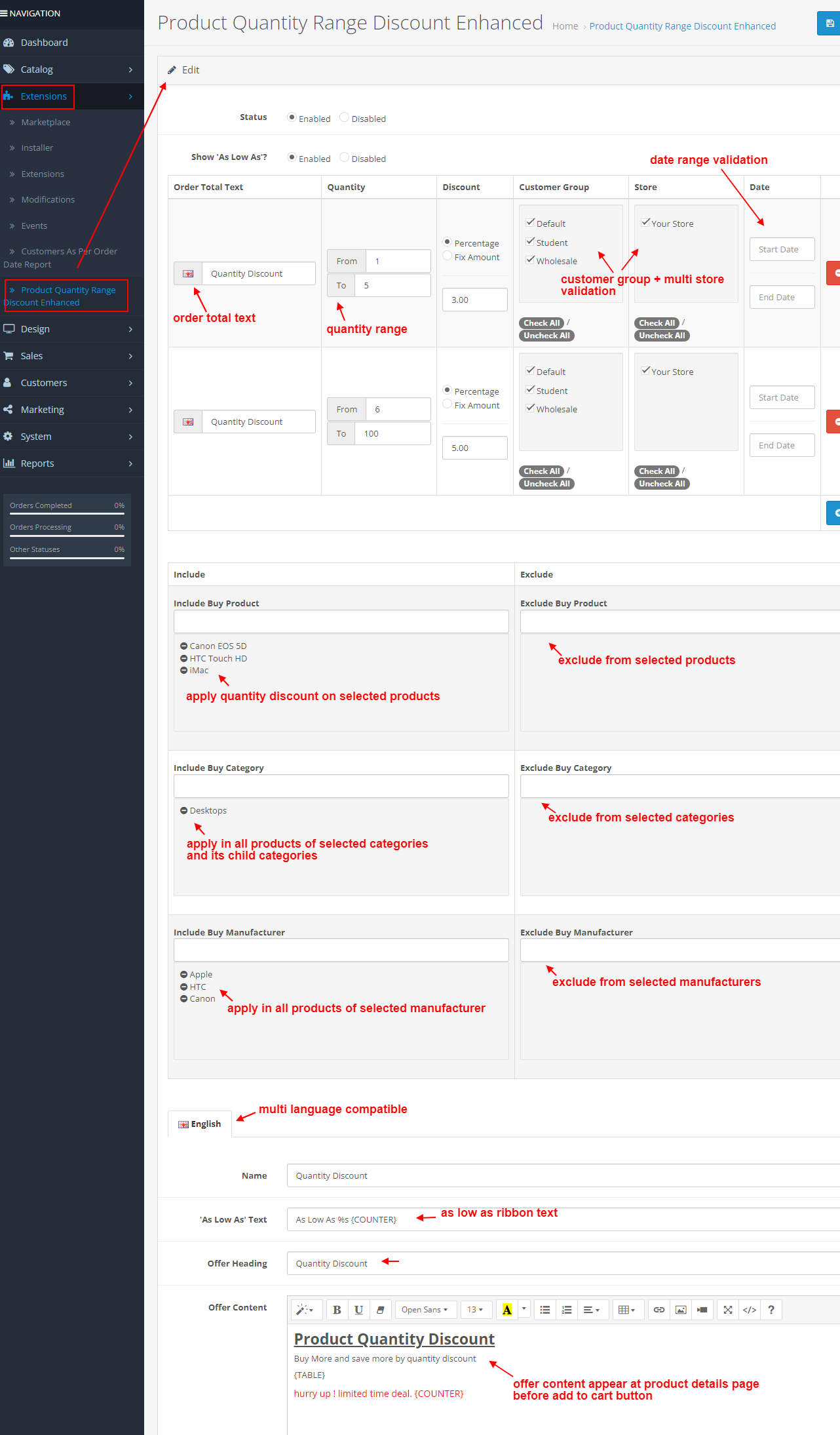 OpenCart - Product Quantity Range Discount Enhanced
