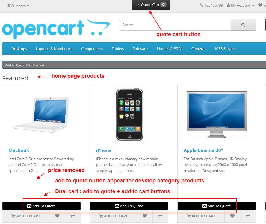 OpenCart - Add To Quote + Add To Cart