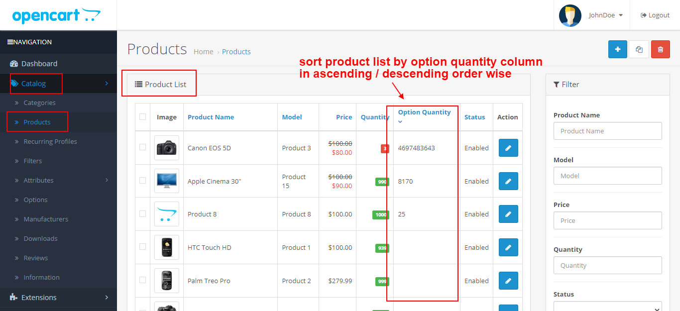 OpenCart - Option Total Quantity Column At Admin Product List