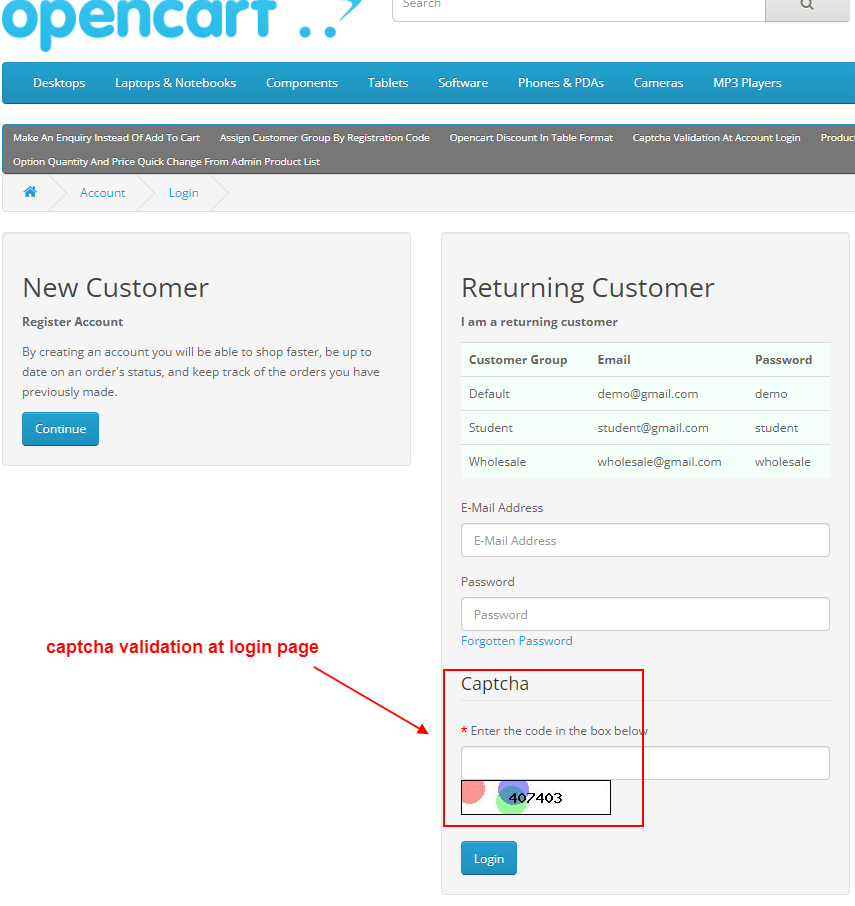 OpenCart - Captcha Validation At Account Login