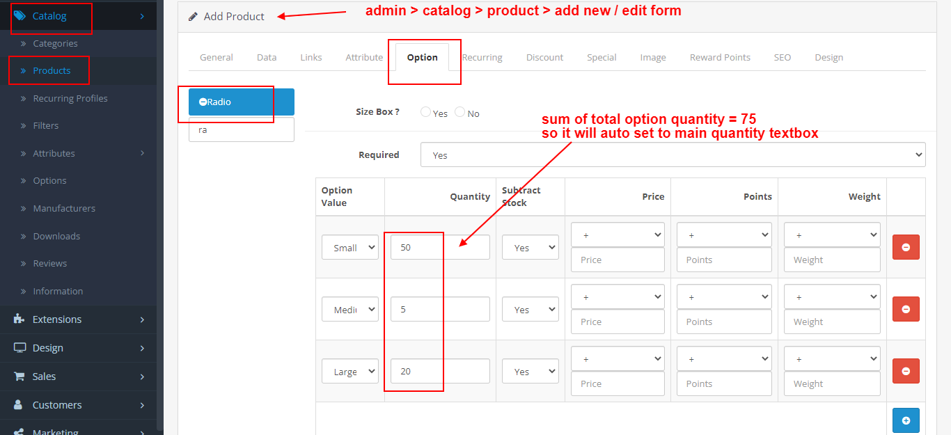 OpenCart - Auto Synchronize Total Option Quantity Into Product Quantity
