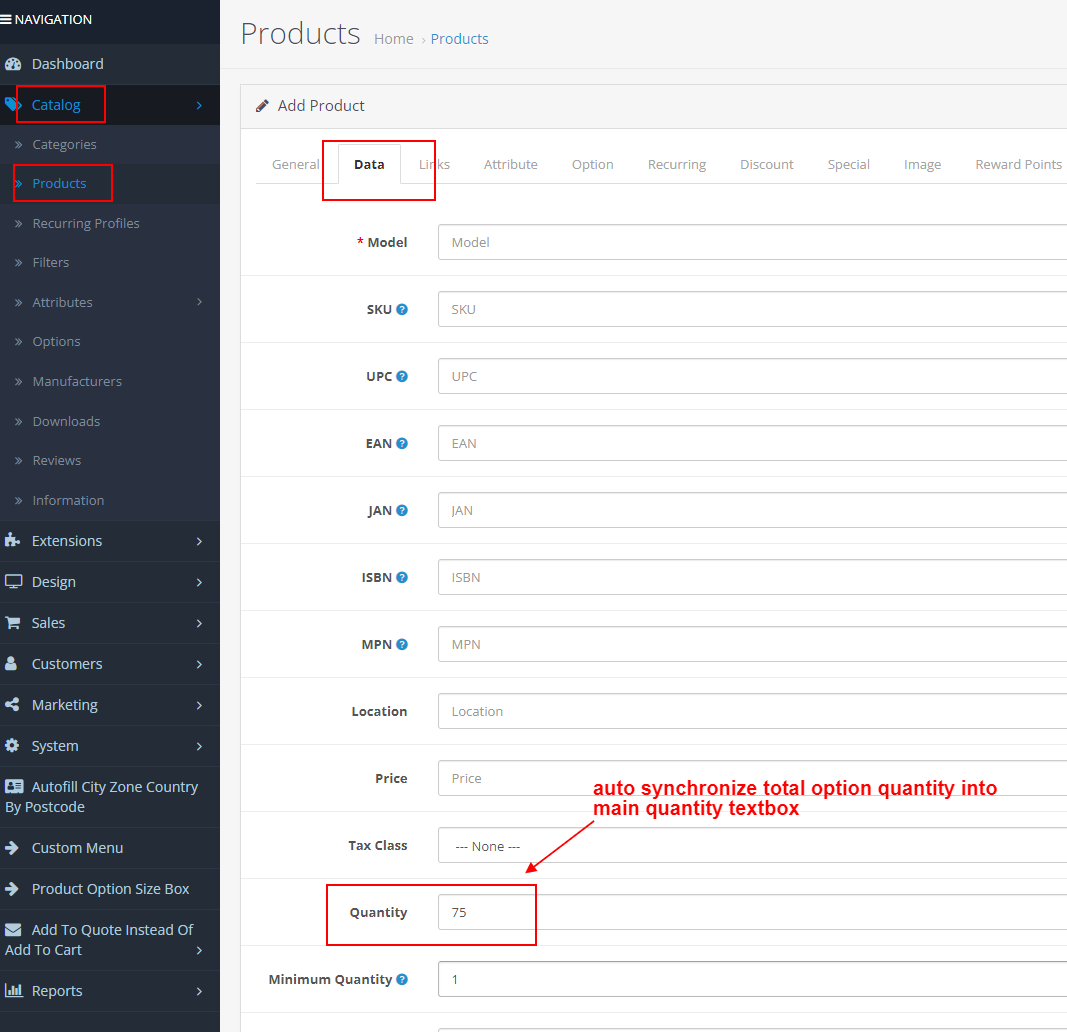OpenCart - Auto Synchronize Total Option Quantity Into Product Quantity