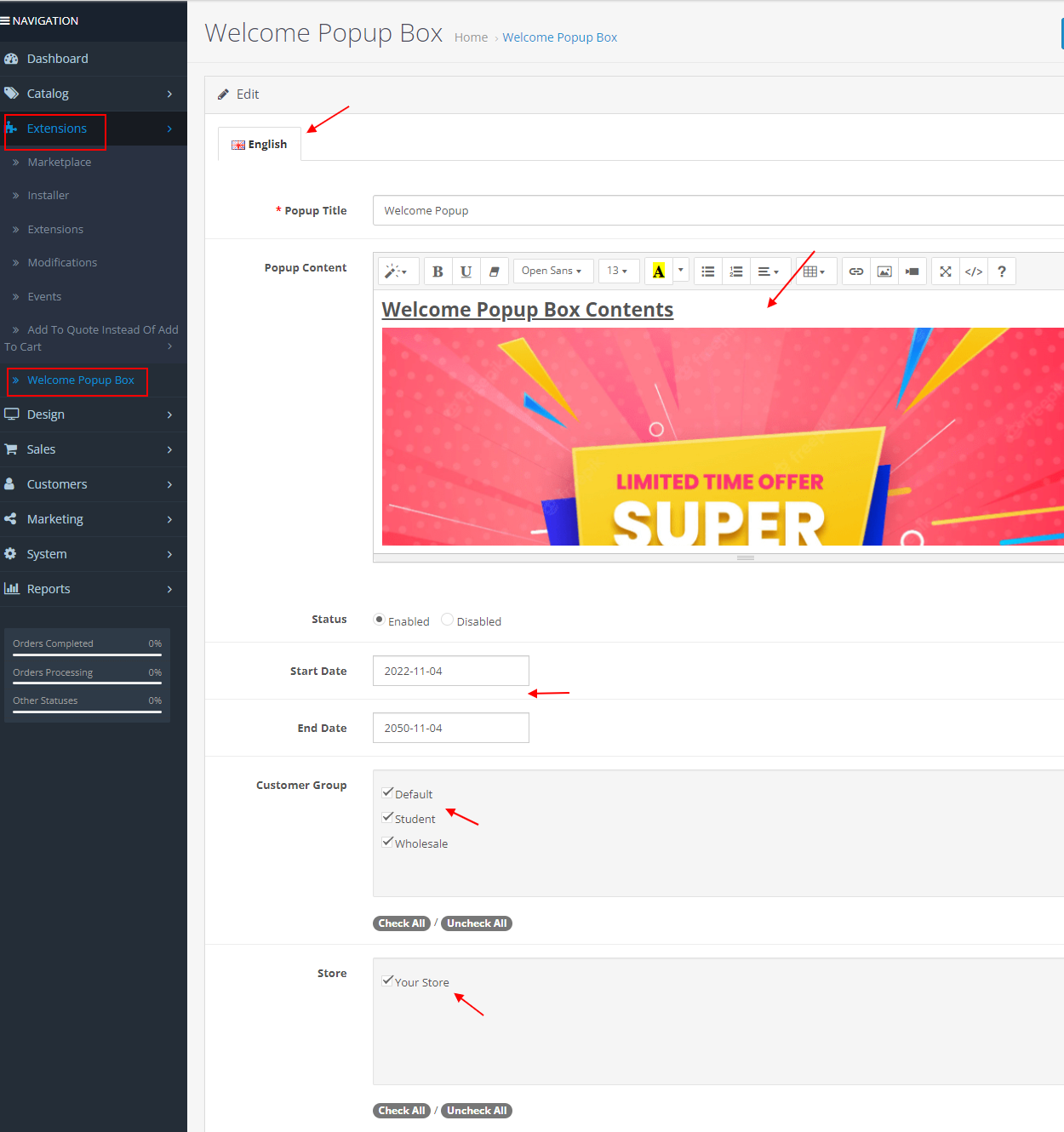 OpenCart - Welcome Popup Box