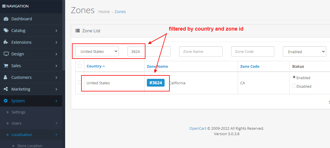 OpenCart - Admin Zones List Filter