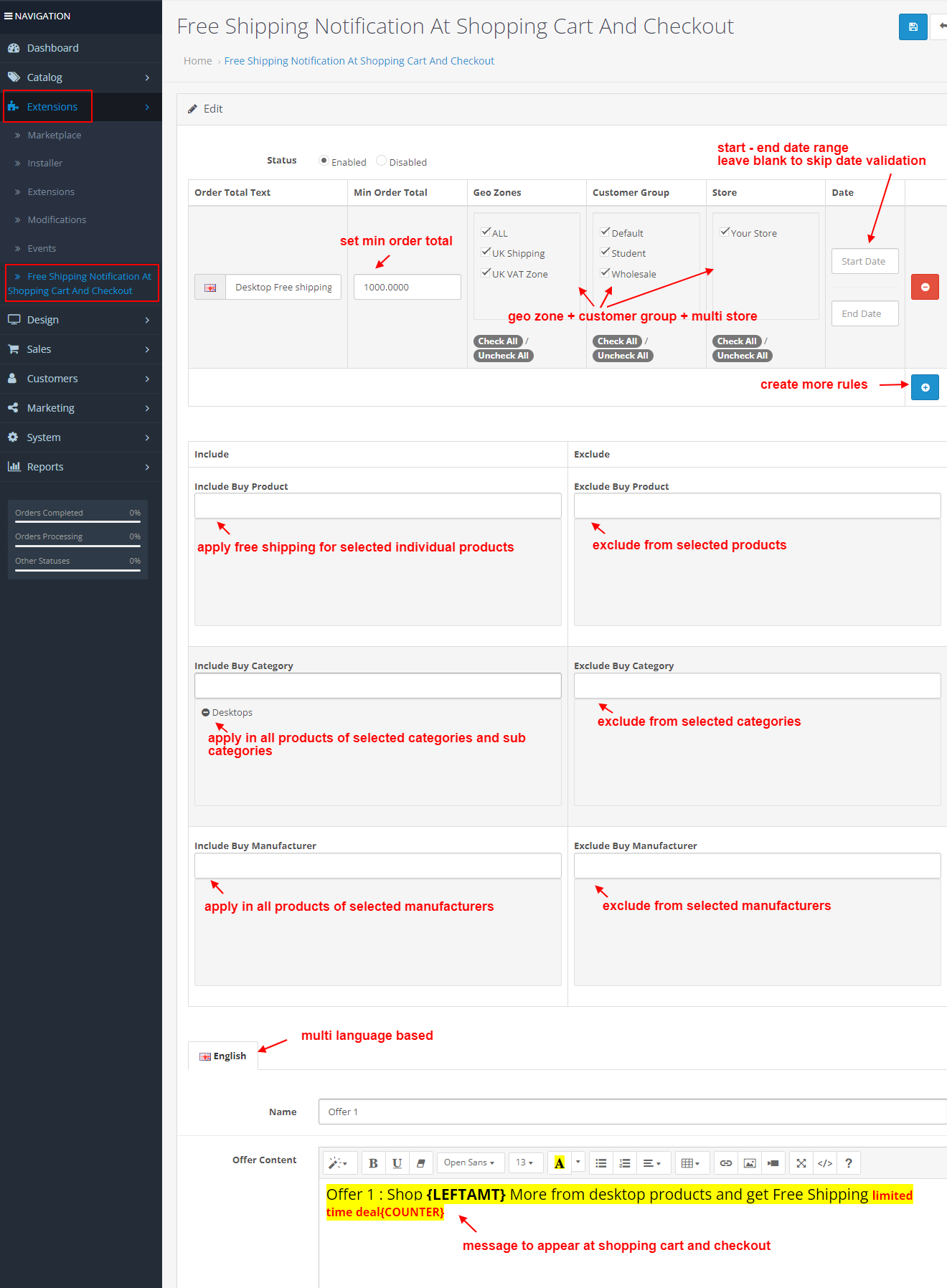 OpenCart - Free Shipping Notification At Shopping Cart And Checkout