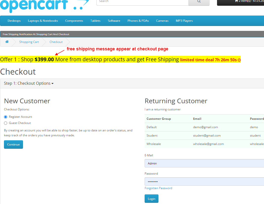 OpenCart - Free Shipping Notification At Shopping Cart And Checkout