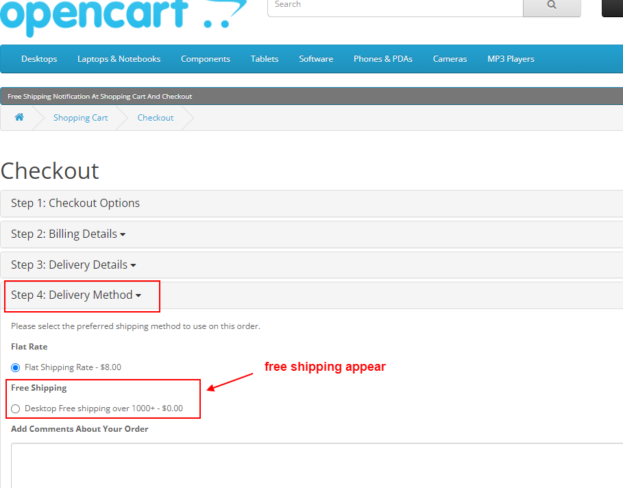 OpenCart - Free Shipping Notification At Shopping Cart And Checkout