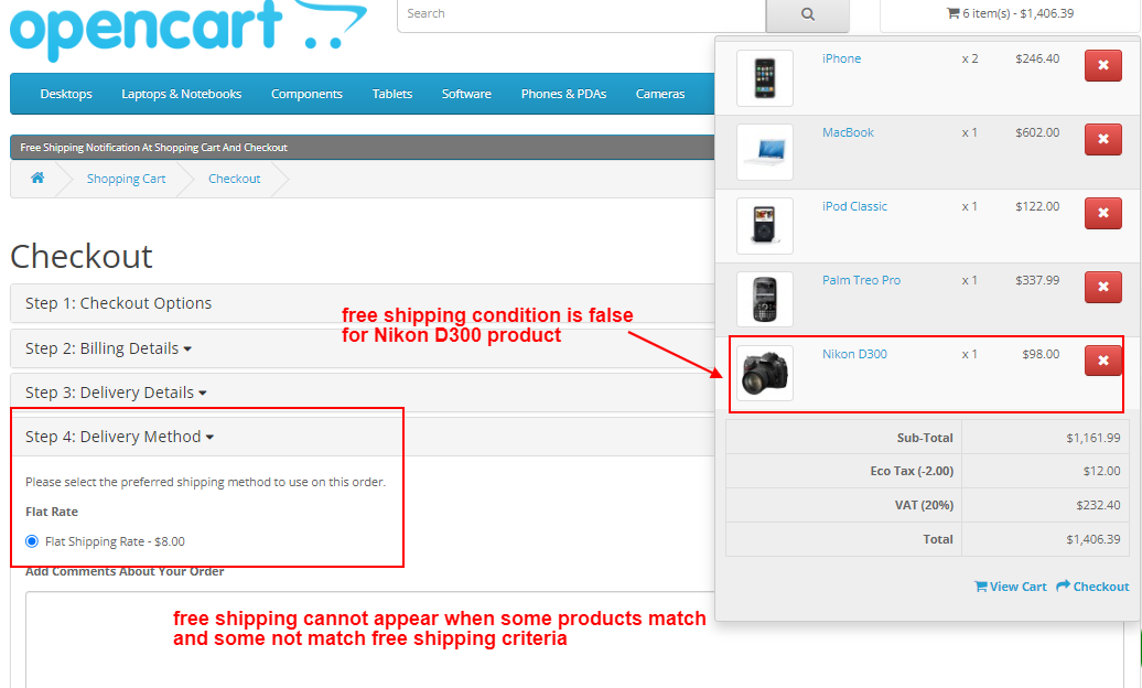 OpenCart - Free Shipping Notification At Shopping Cart And Checkout