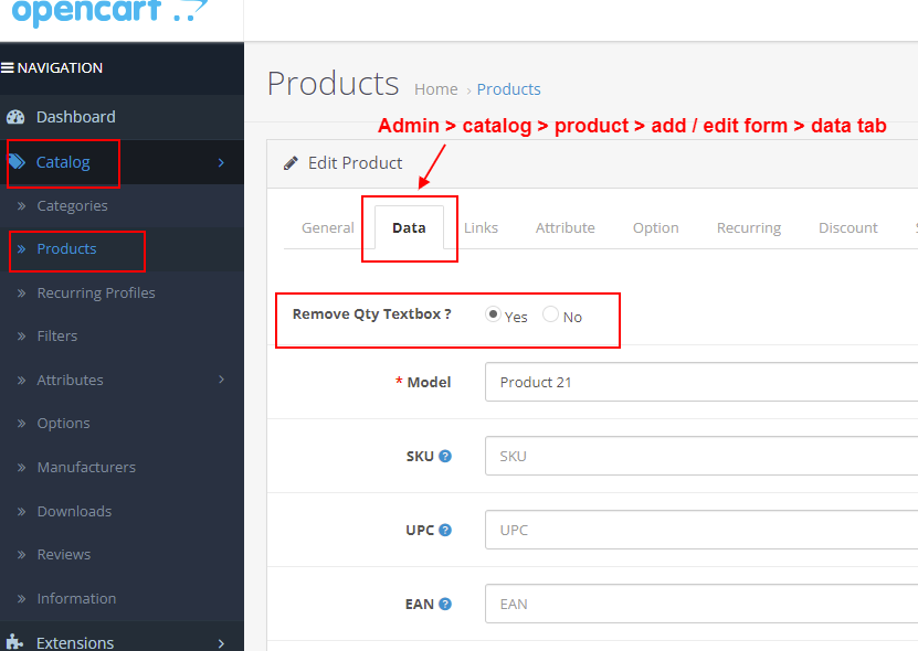 OpenCart - Remove Individual Product Quantity Textbox