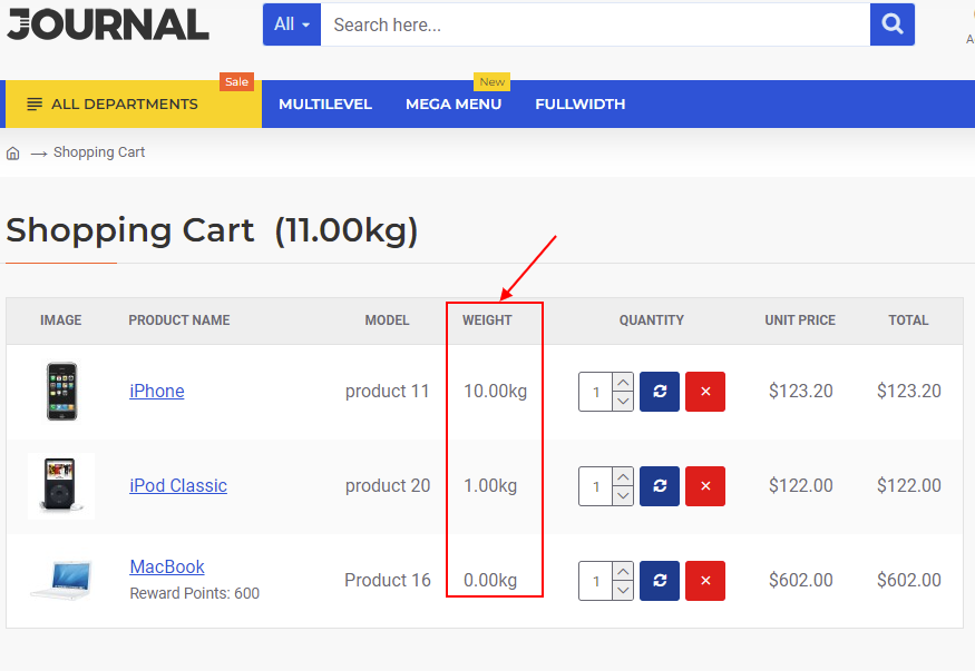 OpenCart - Product Weight Column Everywhere