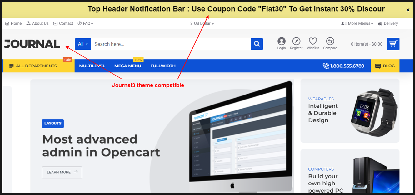 OpenCart - Top Header Notification Bar