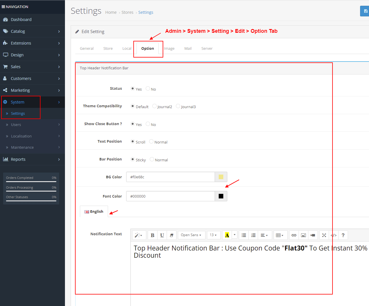 OpenCart - Top Header Notification Bar