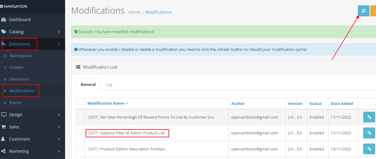 OpenCart - Options Filter At Admin Product List