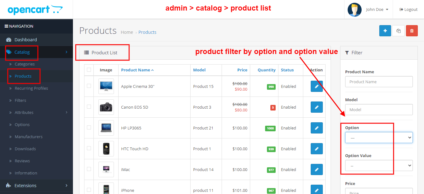 OpenCart - Options Filter At Admin Product List