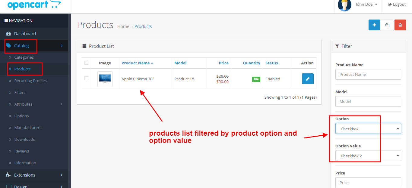 OpenCart - Options Filter At Admin Product List