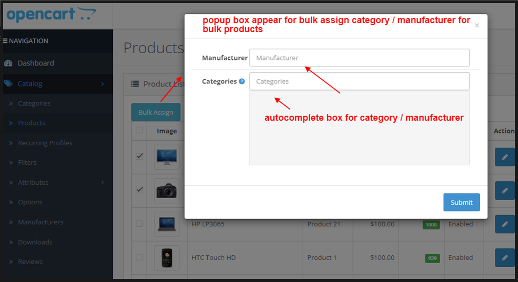 OpenCart - Admin Products Bulk Assign Categories And Manufacturers