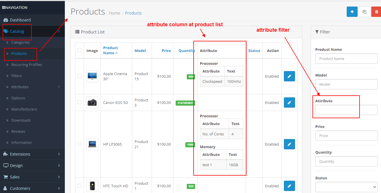 OpenCart - Attribute Column+Filter At Admin Product List