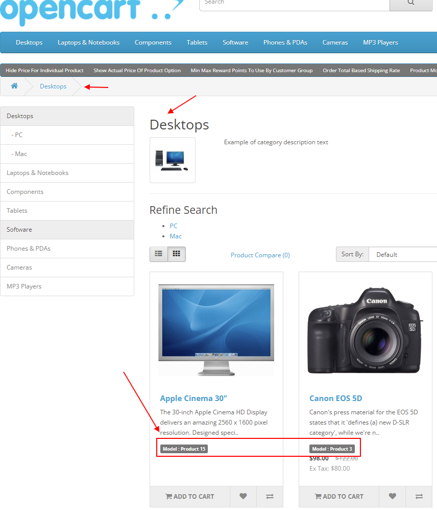 OpenCart - Product Model At Product Grid